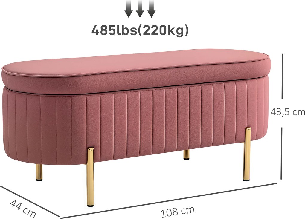 HOMCOM Potažená sametem lavice na konci postele se zlatými nohami, 108x44x43,5 cm, Růžová