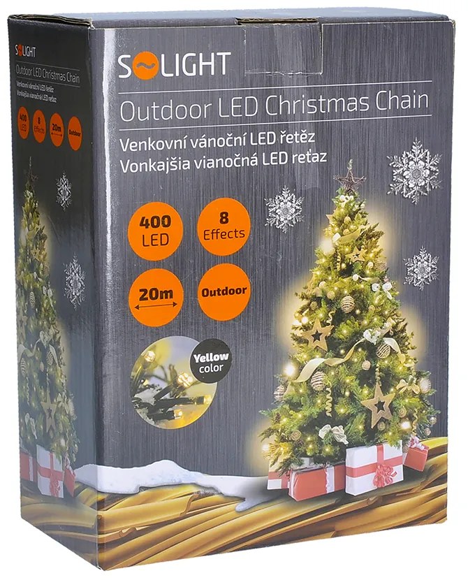 Solight LED venkovní vánoční řetěz, 400 LED, 20m, přívod 5m, 8 funkcí, IP44, teplá bílá