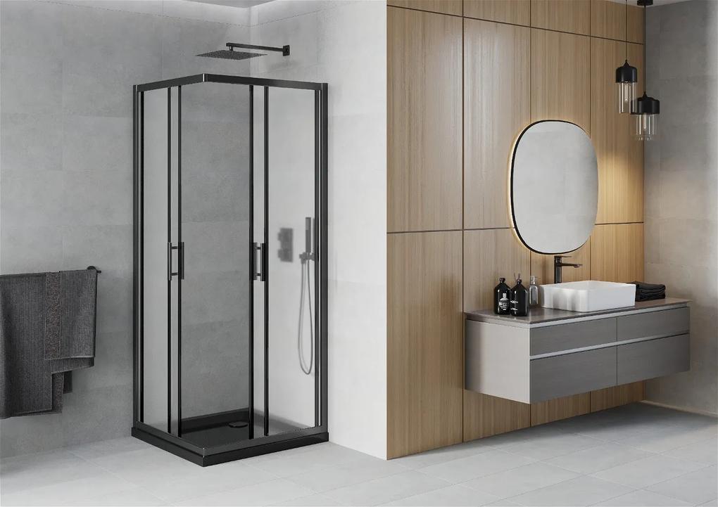 Mexen Rio, čtvercový sprchový kout s posuvnými dveřmi 70 (dveře) x 70 (dveře) x 190 cm, 5mm sklo námraza, černý profil + černá sprchová vanička SLIM, 860-070-070-70-30-4070B