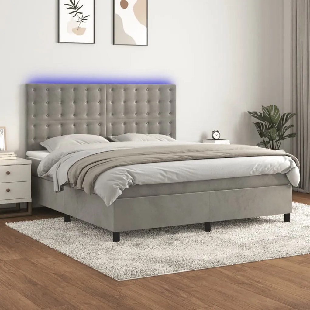 Box spring postel s matrací a LED světle šedá 160x200 cm samet 3136371