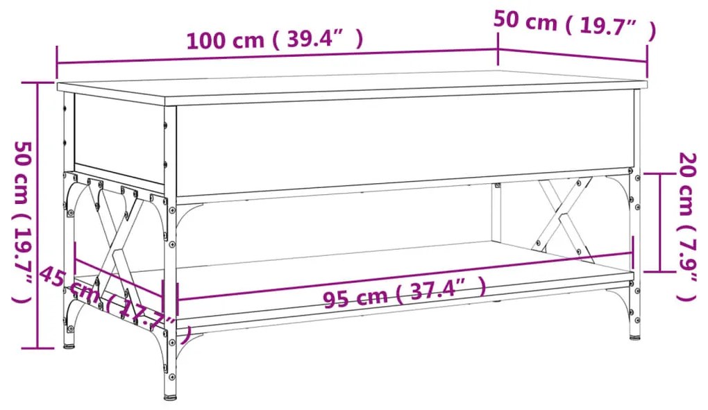 Konferenční stolek kouřový dub 100 x 50 x 50 cm kompozit a kov - Default Title