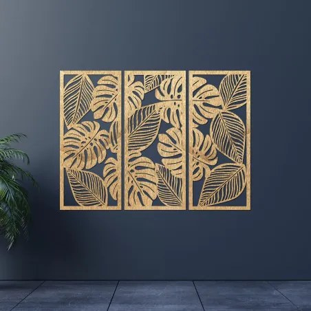 Dřevěný trojdílný obraz monstera – Dekorace do interiéru | SENTOP PR0523