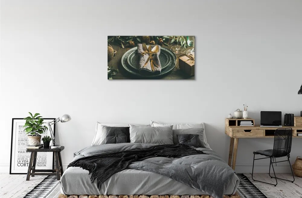 Obrazy na plátně Talíř příbory ozdoby dárky 120x60 cm