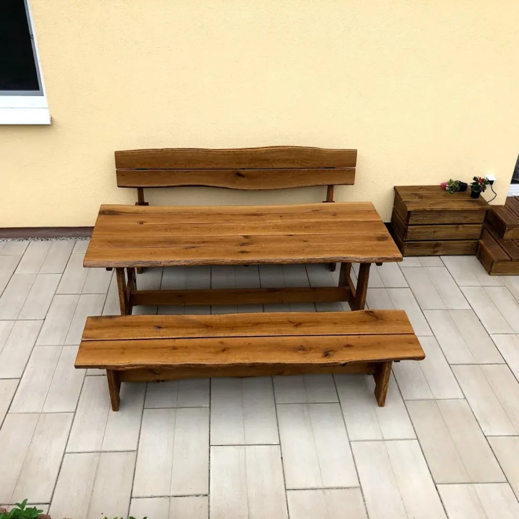 KULHÁNEK Zahradní dubová sestava - stůl, 1x lavice s opěradlem, 1x lavice bez opěradla (rustikální provedení) Délka: 150 cm, Odstín nátěru: individuální