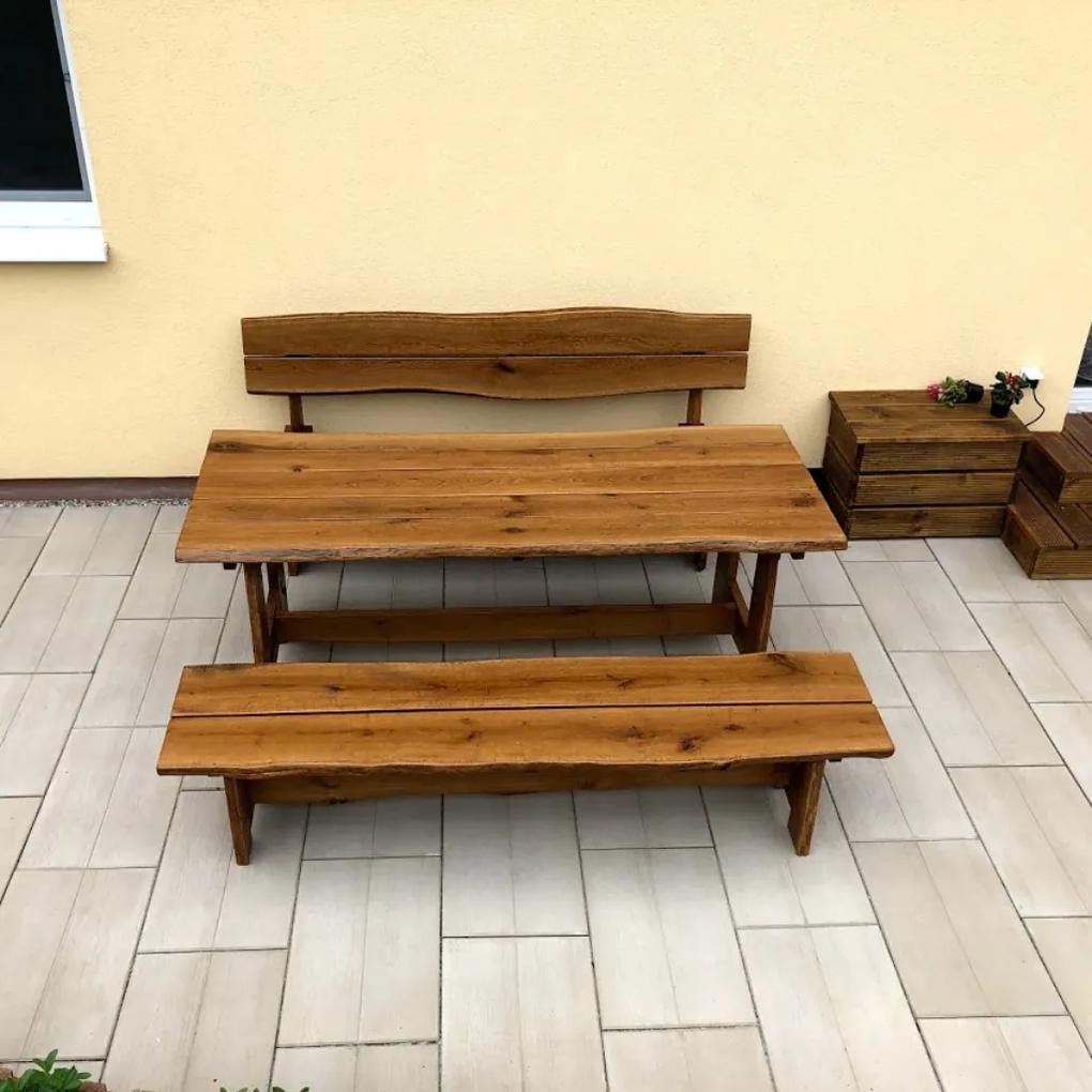 KULHÁNEK Zahradní dubová sestava - stůl, 1x lavice s opěradlem, 1x lavice bez opěradla (rustikální provedení) Délka: 150 cm, Odstín nátěru: lazura - pinia