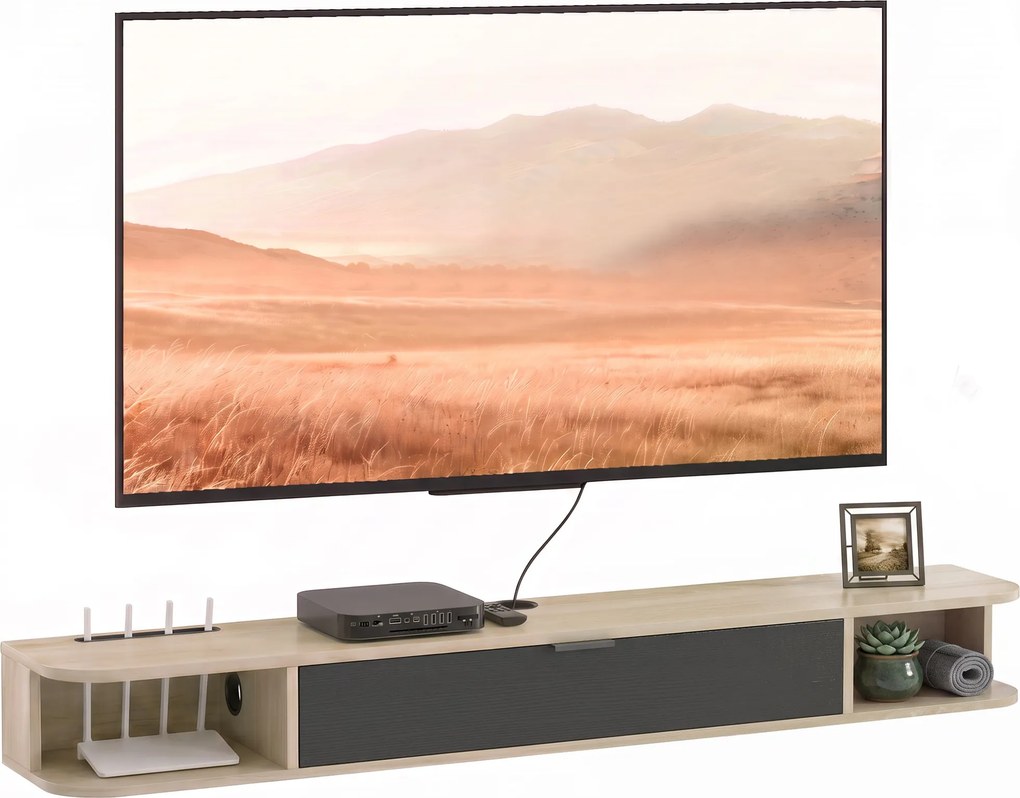 HOMCOM Závěsný TV nábytek, TV nábytek pro televize až do 152,4 cm (60 palců), výklopná zásuvka, 2 police, 140x24x16 cm, přírodní dřevo