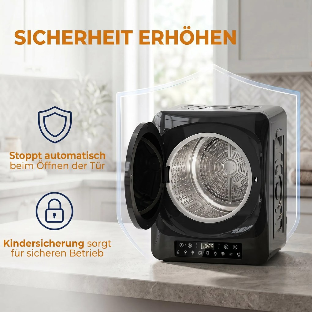 HOMCOM 1000 W kompaktní odvětrávací sušička s extra sušicím a ECO režimy, nastavením časovače a teploty, černá