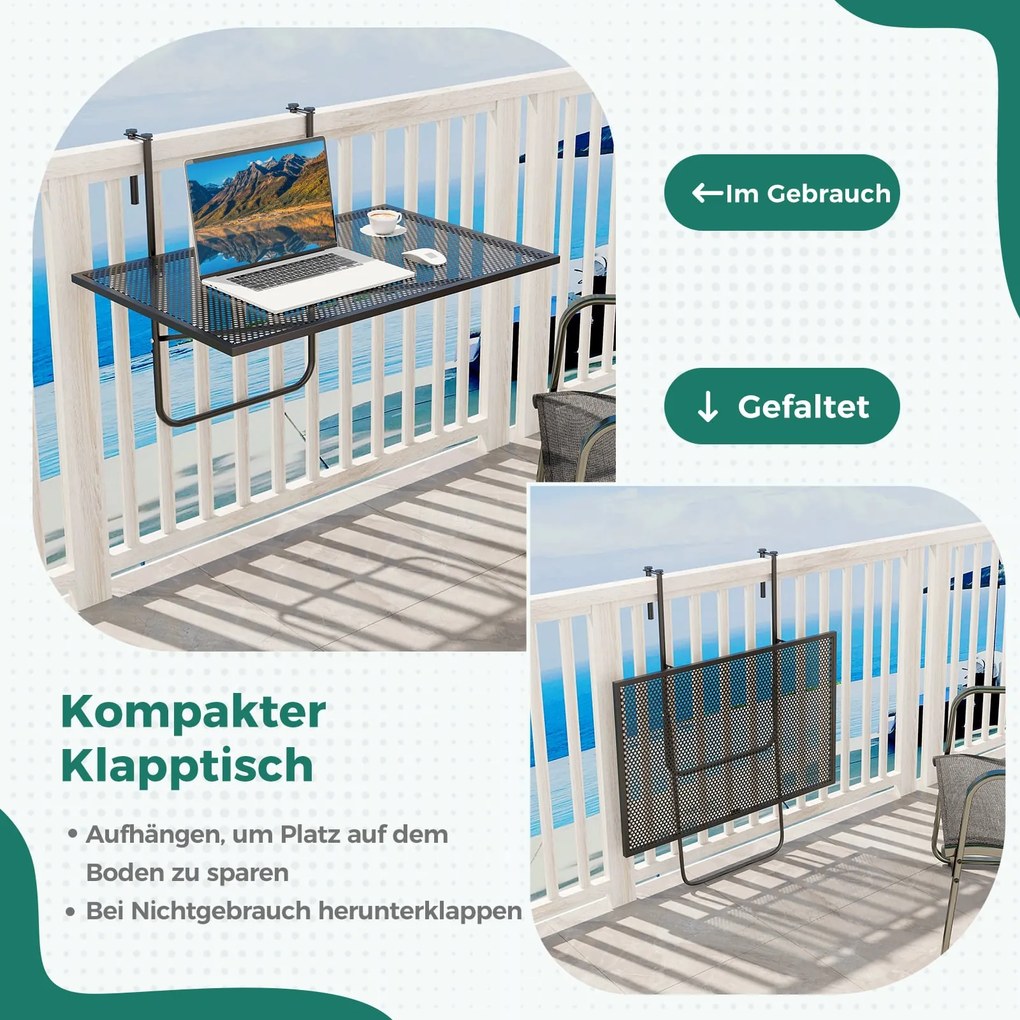 Costway Skládací balkonový stůl, obdélníkový na zavěšení, kovový
