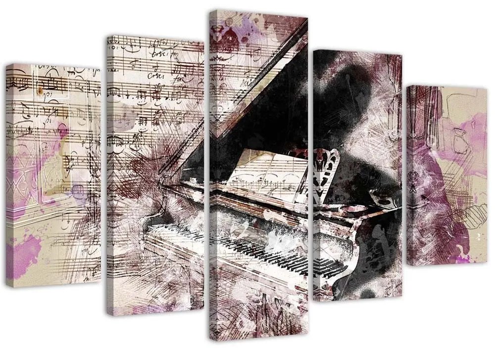 Obraz na plátně pětidílný Piano abstraktní fialové Vintage - 150x100 cm