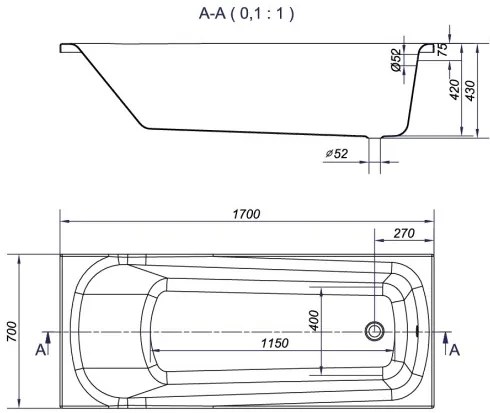 Cersanit Nao, akrylátová vana 170x70cm + nožičky, bílá, S301-244