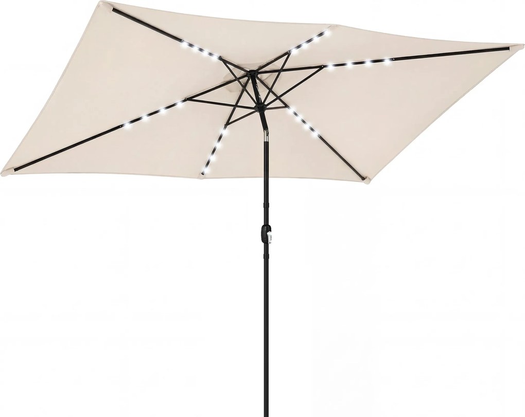 Outsunny venkovní slunečník 2,90 × 2,50 m, 24 solárních LED, naklápěcí, kovová tyč, krémový | Aosom