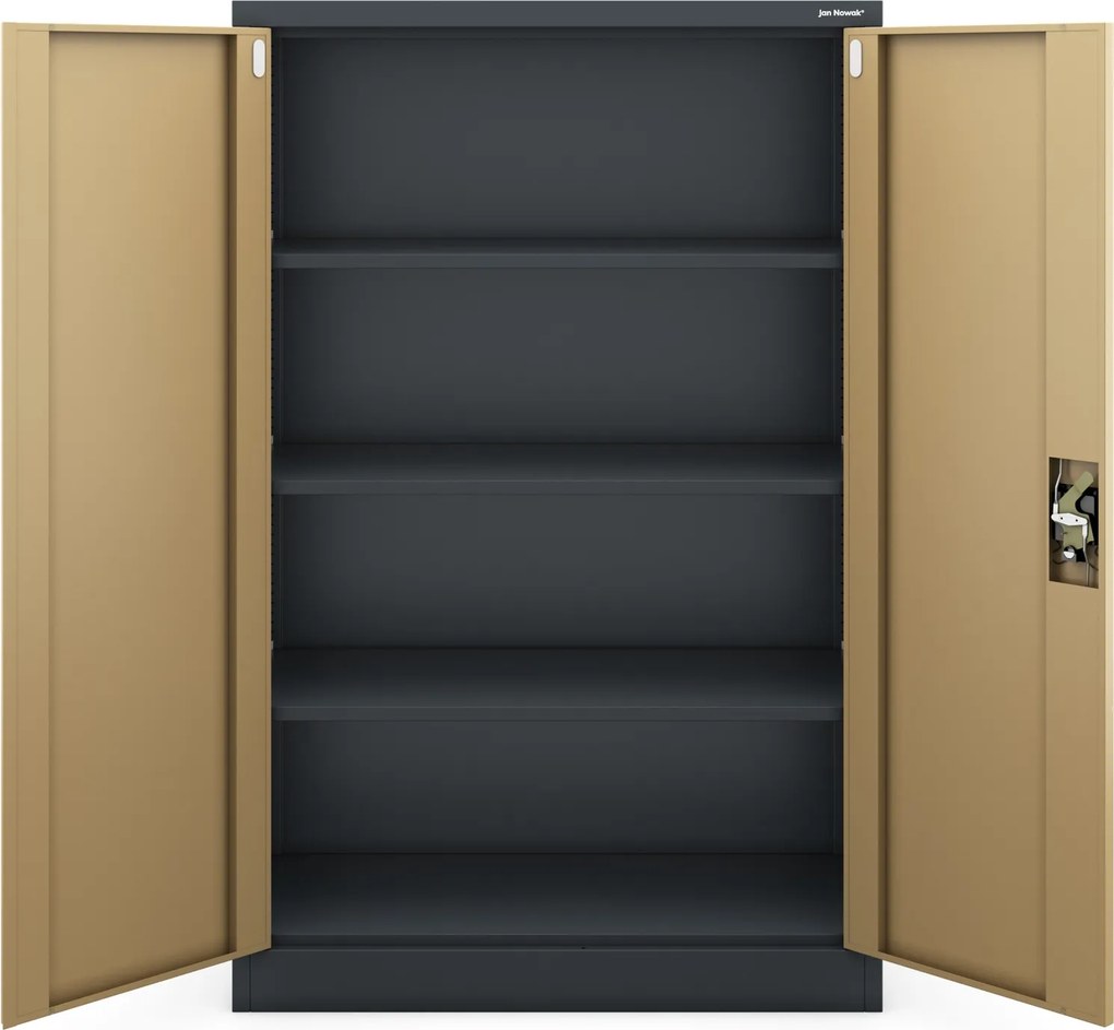 Nízká kovová kancelářská skříň se 3 policemi, antracit/ořech, 900x1400x400 mm: KEVIN Eco Design