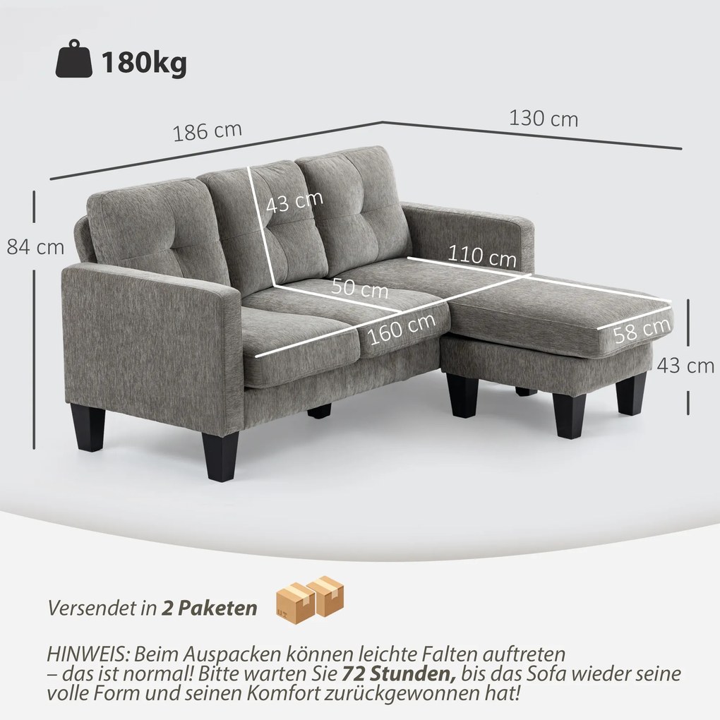 HOMCOM Rohová pohovka ve tvaru L, čalouněná polyestrem, s reversibilním lenoškou a 3 polštáři pro obývací pokoj, nosnost 180 kg, 186x130x84 cm, hnědá…