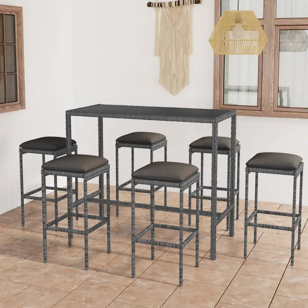 7dílný zahradní barový set s poduškami polyratan šedý 3064824