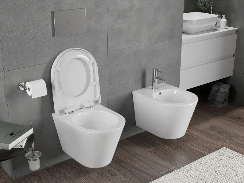 Mexen Rico, závěsná WC mísa 490x360x370 mm, Rimless Tornádo + WC sedátko z duroplastu, bílá lesklá, 30720200T