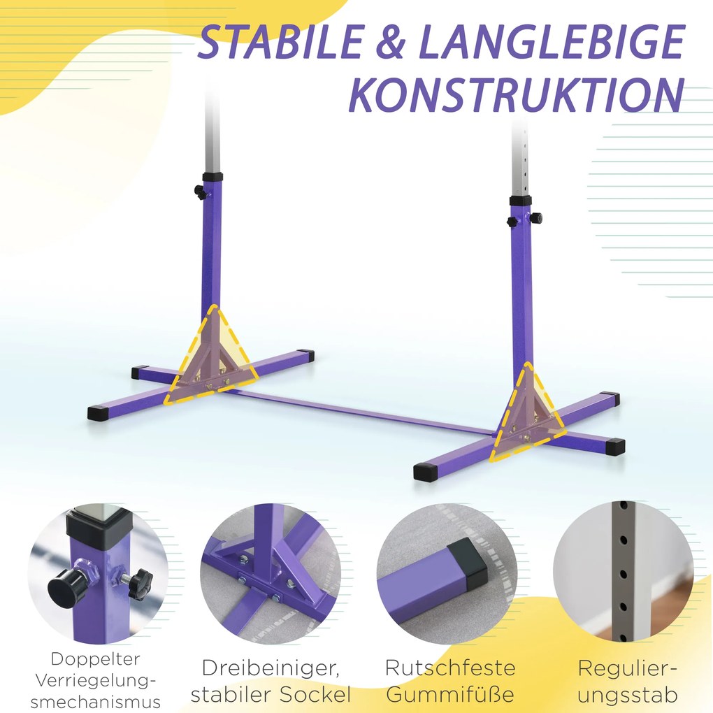 HOMCOM Dětská gymnastická tyč pro 3+ let, nastavitelné tréninkové barové zařízení 92-150 cm, horizontální gymnastická tyč pro zátěž 75 kg, 194x121x15…