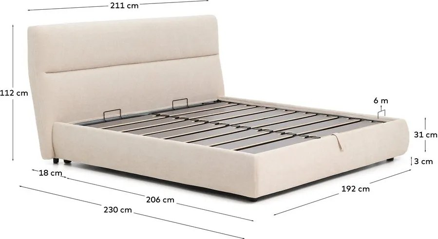 Béžová čalouněná dvoulůžková postel z žinylky s úložným prostorem s roštem 180x200 cm Dafra – Kave Home