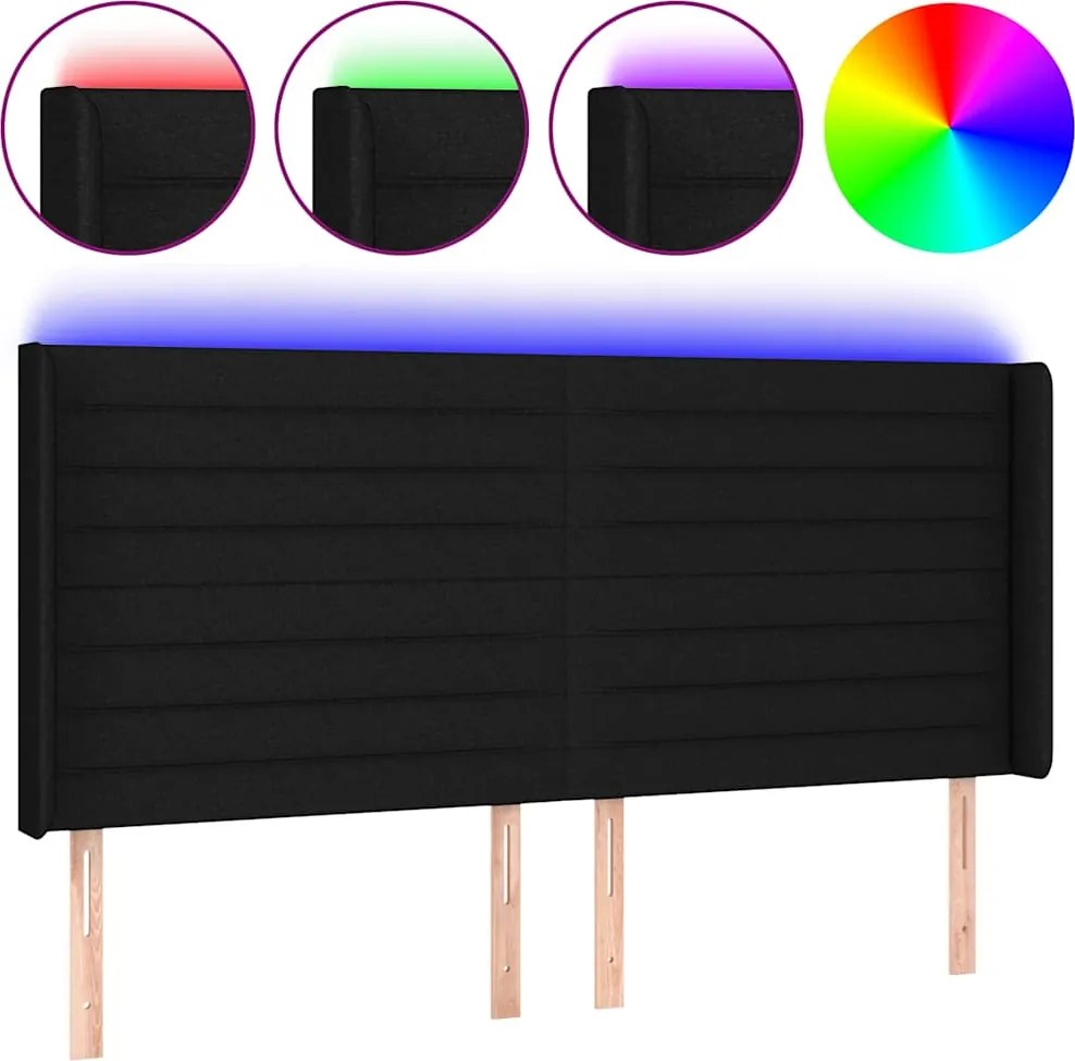 Čelo postele s LED černé 163 x 16 x 118/128 cm textil 3124196