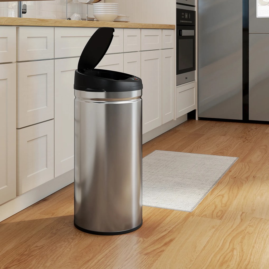 HOMCOM 42l senzorem řízený odpadkový koš s funkcí Soft-Close, bezdotykový odpadkový koš z nerezové oceli pro hygienické kuchyně 851-048V00SR
