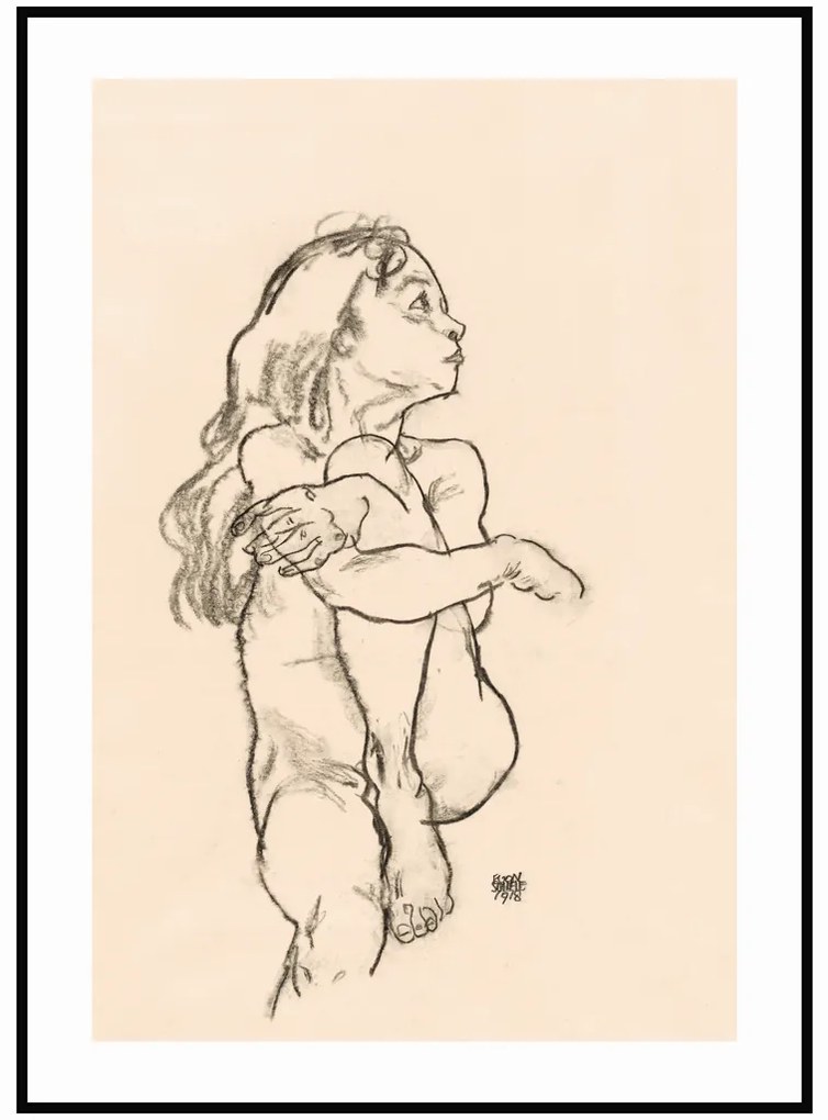 Plakát Egon Schiele - Sedící nahá dívka svírající levé koleno 30 x 40 cm