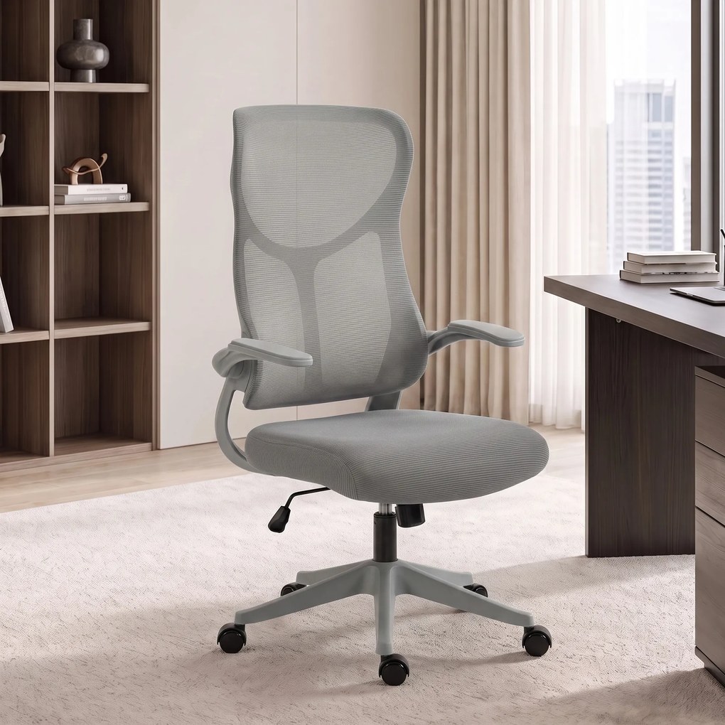 HOMCOM Ergonomická kancelářská židle z mesh, otočná židle s vysokým opěradlem a sklápěcími područkami, s houpací funkcí, šedá