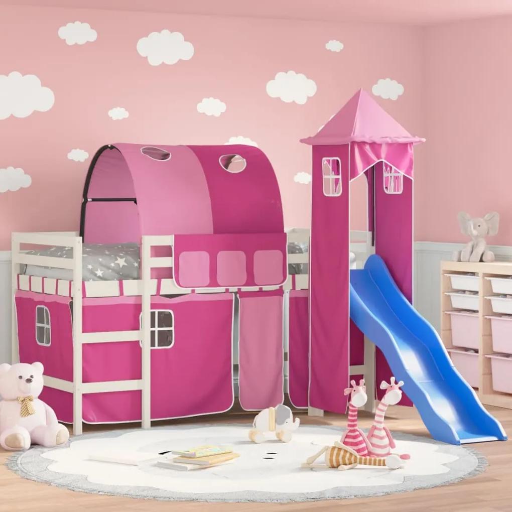 Dětská patrová postel s věží růžová 80 x 200 cm masiv borovice,  3207095