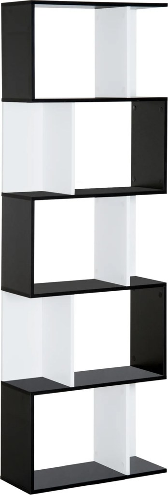 HOMCOM 5-patrová knihovna ve tvaru S, moderní design pro obývací pokoj a kancelář 60x24x184,5 cm Černá a bílá