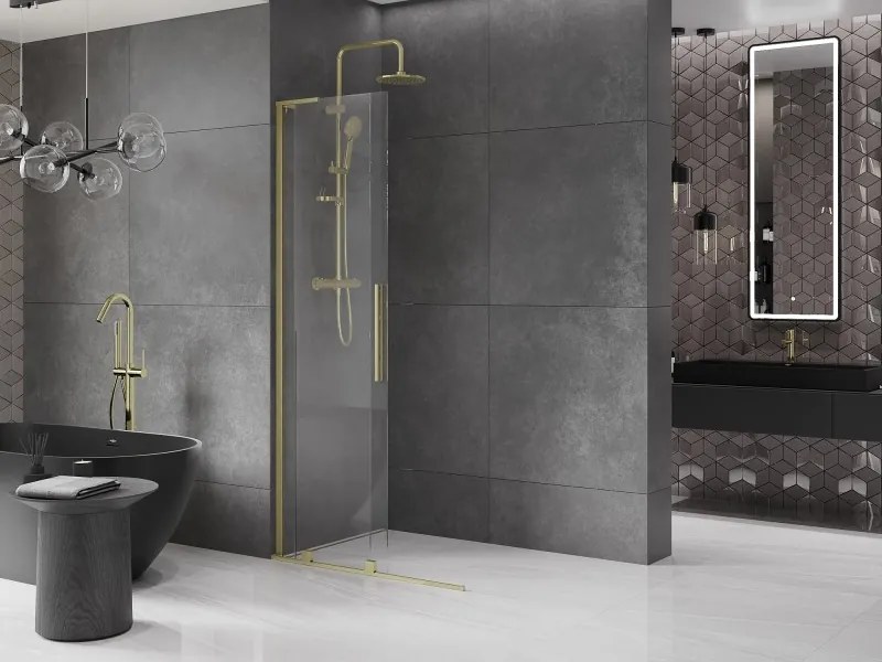 Mexen Velar L, posuvná sprchová zástěna Walk-in 110 x 200 cm, 8mm čiré sklo, zlatá matná, 871-110-003-03-55