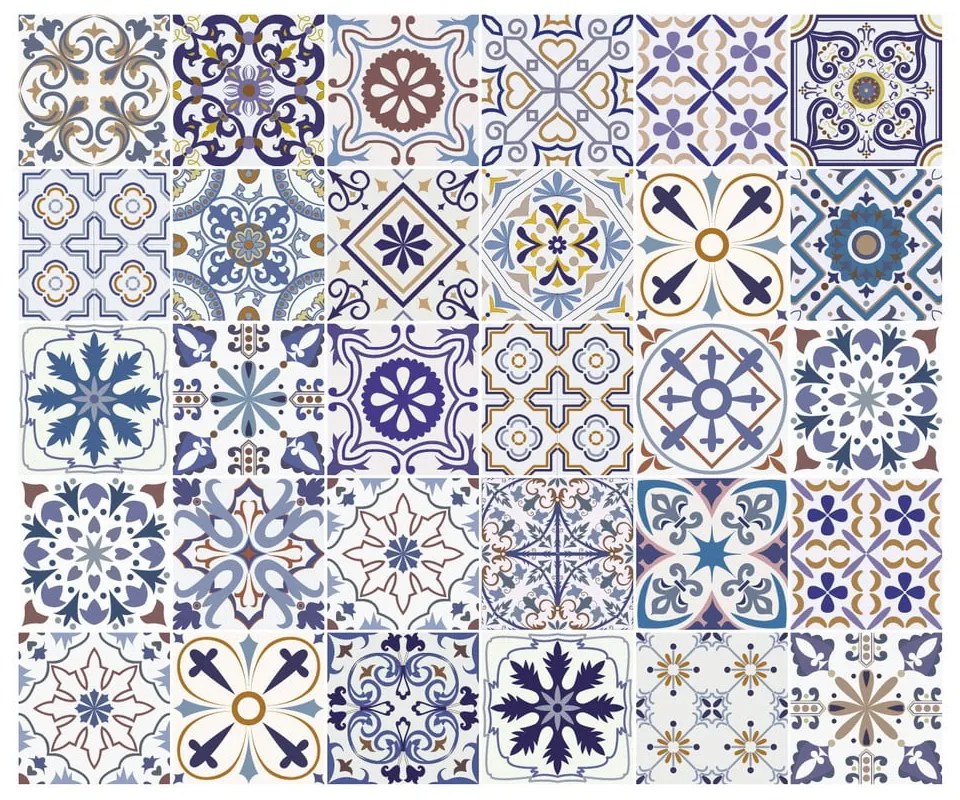 Sada 30 nástěnných samolepek Ambiance Tiles Azulejos Riviera, 10 x 10 cm