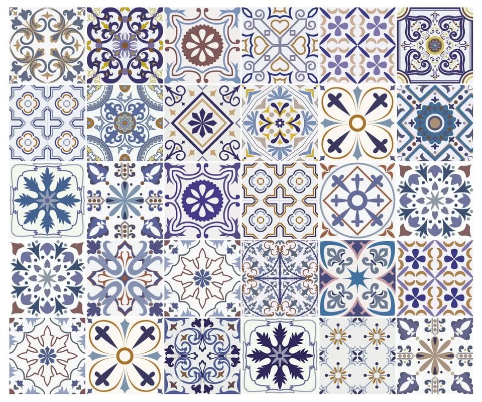 Sada 30 nástěnných samolepek Ambiance Tiles Azulejos Riviera, 10 x 10 cm