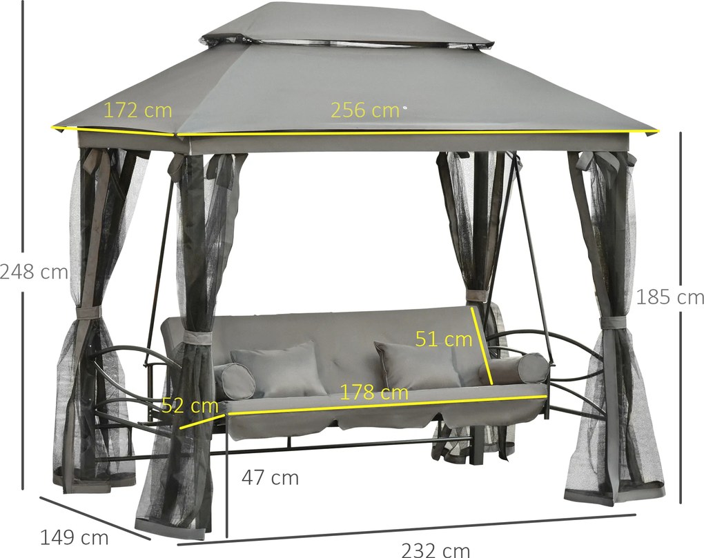 Outsunny Hollywoodská houpačka Zahradní houpačka Houpačka s bočnicemi Třímístná tmavě šedá 256 x 172 x 248 cm | Aosom