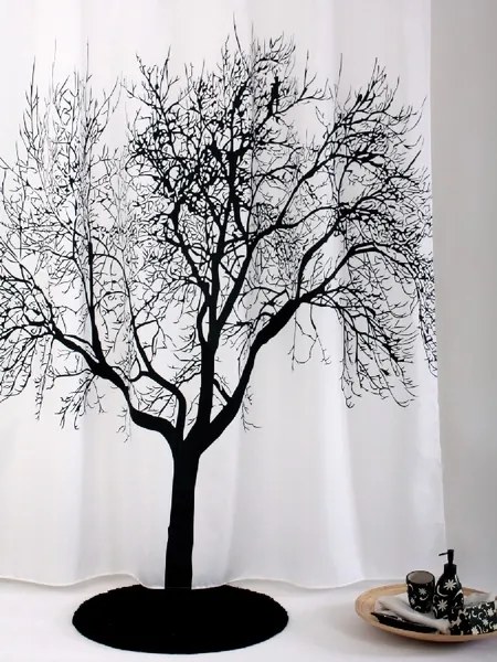 BISK Erga Peva, sprchový závěs 180x200cm, polyester, bílá-černá vzor strom, ERG-04440