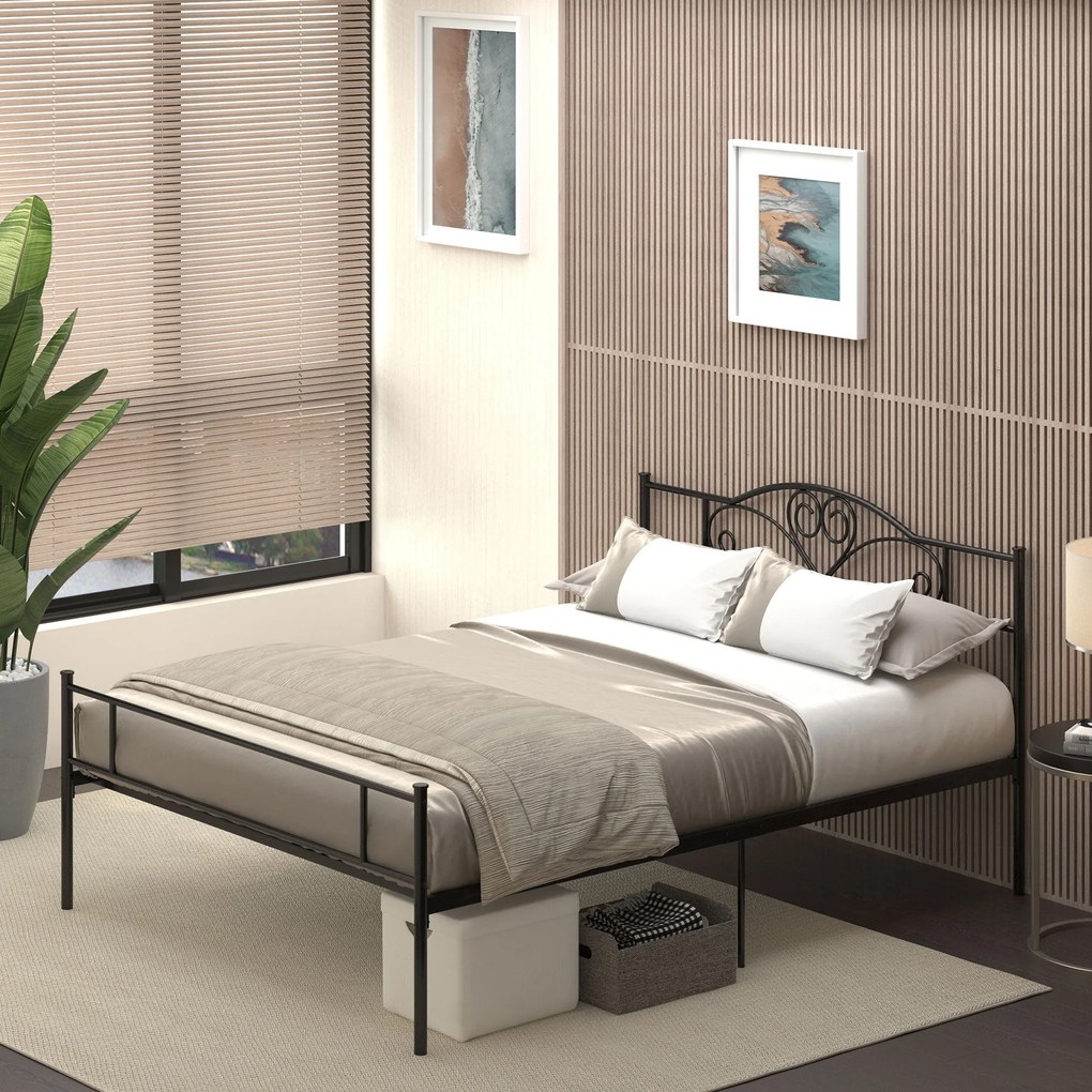 HOMCOM Kovový Dvoulůžkový Rám na Postel pro Matrace 150x200 cm s Hlavovou a Nohovou částí, Struktura s Úložným Prostorem pod Postelí 158x211x106 cm Če