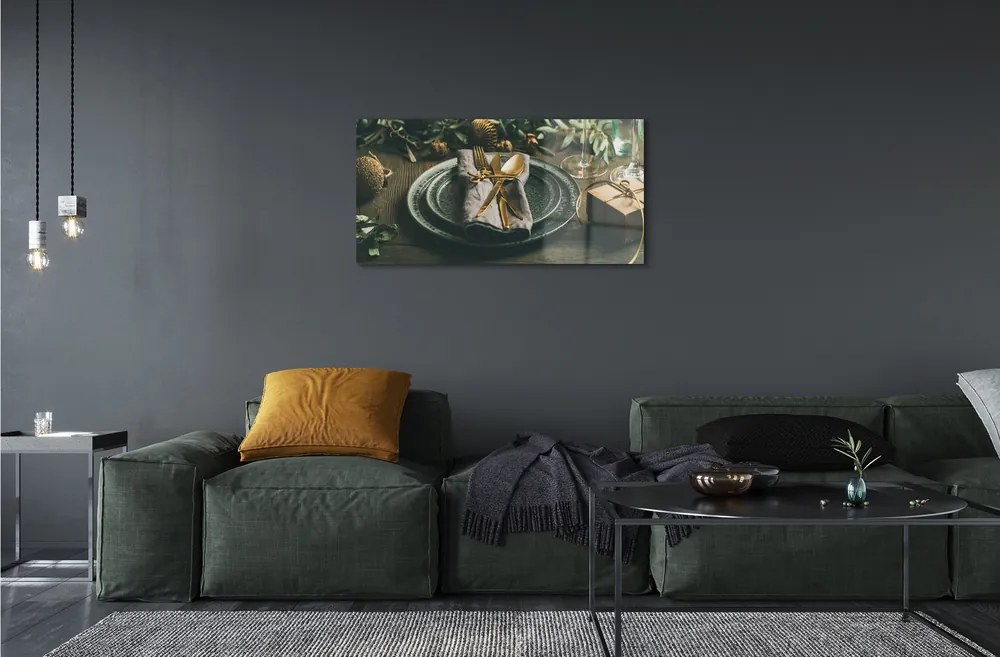 Obraz na skle Talíř příbory ozdoby dárky 100x50 cm