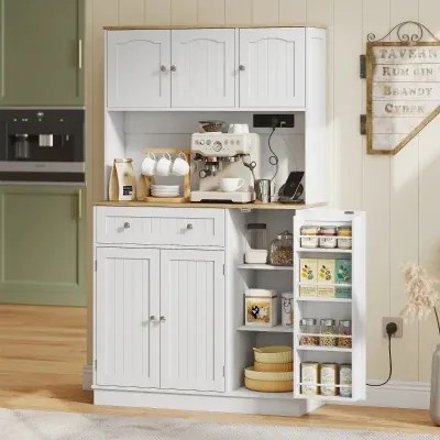 HOMCOM vysoký kuchyňský buffet, kuchyňská skříňka, nabíjecí stanice, 6 dveří, pracovní deska, držák na koření, 100x40x173 cm, bílá
