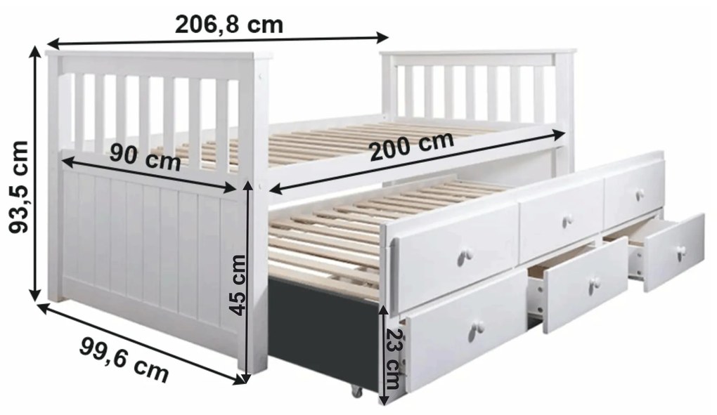 Kondela Postel s přistýlkou a úložným prostorem, kaučukové dřevo/bílá, AUSTIN NEW
