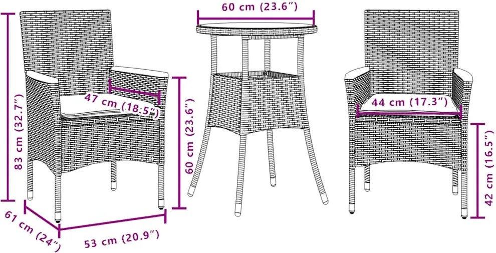 3dílný zahradní jídelní set s poduškami černý polyratan a sklo 3278721