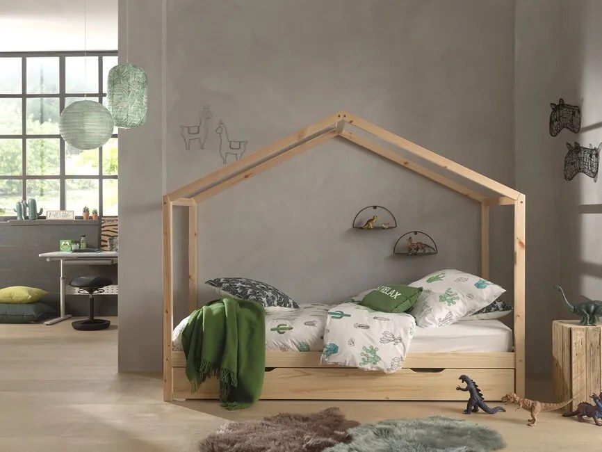 Designová domečková postel Dallas se šuplíkem z masivu borovice přírodní 170cm 90x200cm
