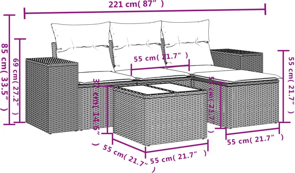5dílná zahradní sedací souprava s poduškami černá polyratan 3254813