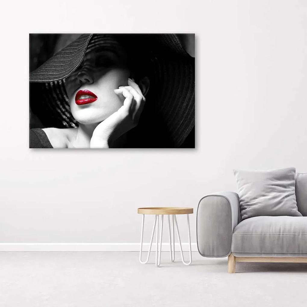 Obraz na plátně Žena v černém klobouku a s červenými rty - 120x80 cm
