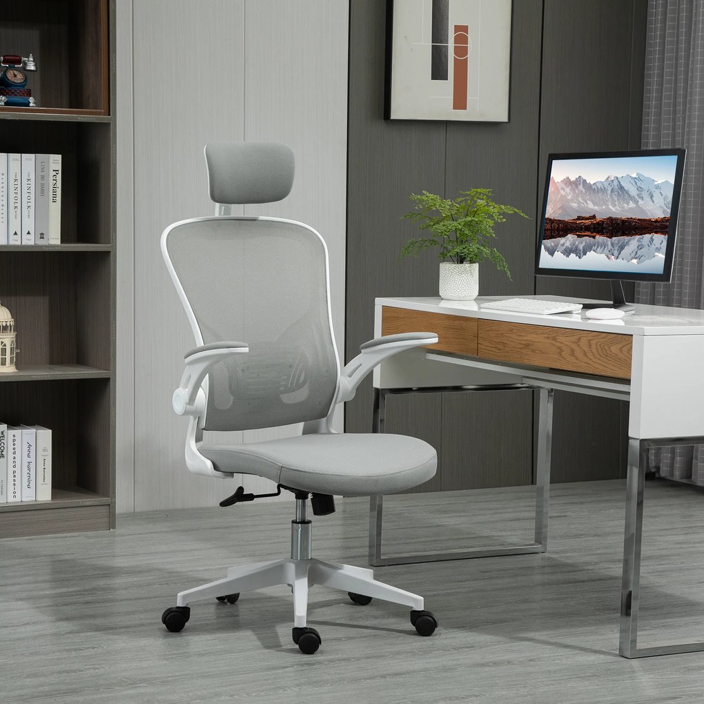 Kancelářská židle Vinsetto ergonomická kancelářská židle s opěrkou hlavy a funkcí houpání, výškově nastavitelná, šedá, 65 x 64 x 114-122 cm