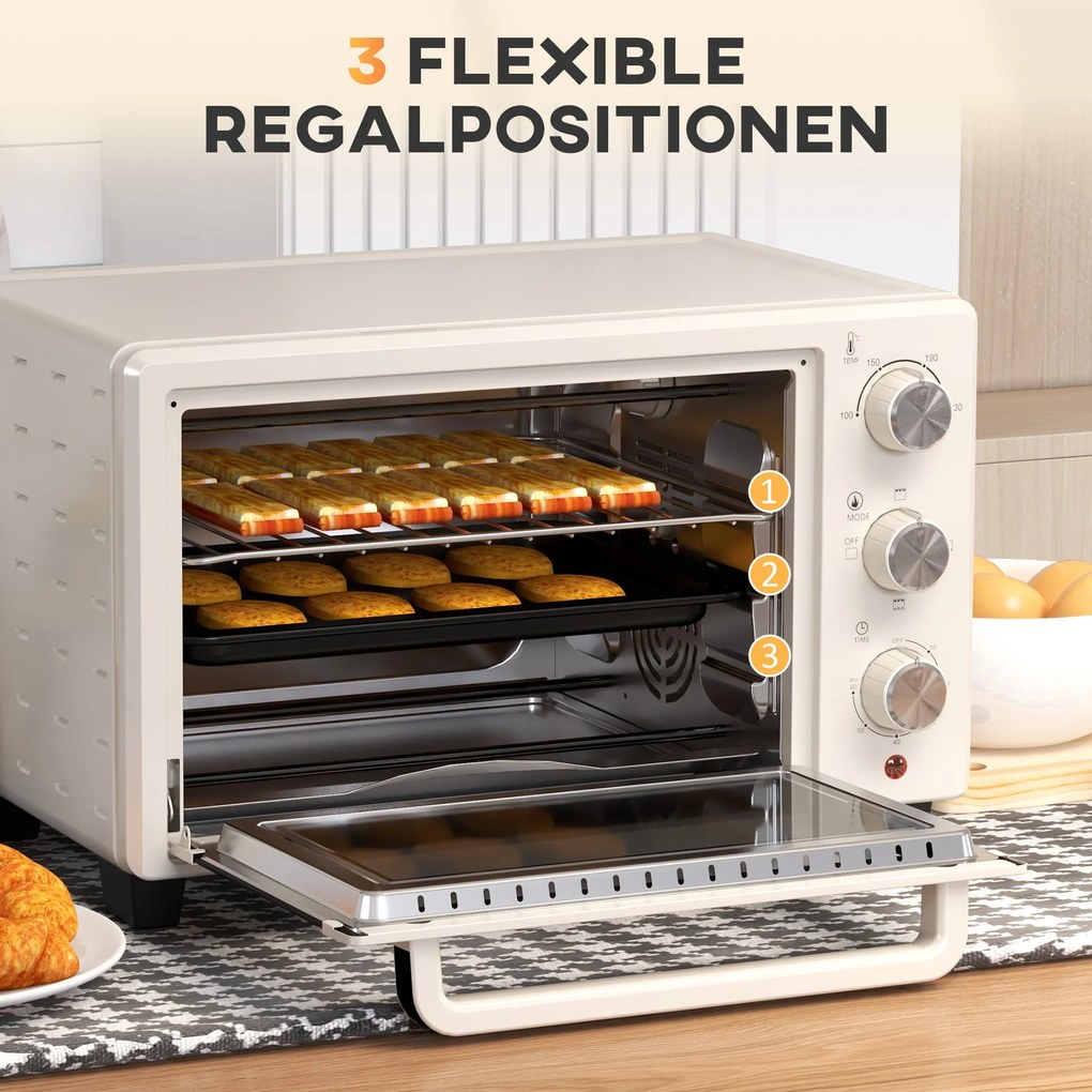 HOMCOM Mini trouba 21L Pizza Mini trouba Plech na pečení Plech na drobky 1400W Pultová trouba 1h Časovač 100-230°C Kovový krém | Aosom