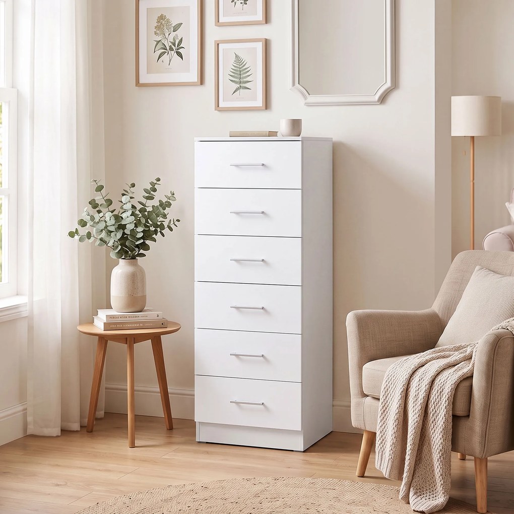 HOMCOM Komoda se 6 zásuvkami, moderní ložnicová komoda, úložná skříňka, 40 x 110 cm, bílá s dekorativním dřevěným vzhledem