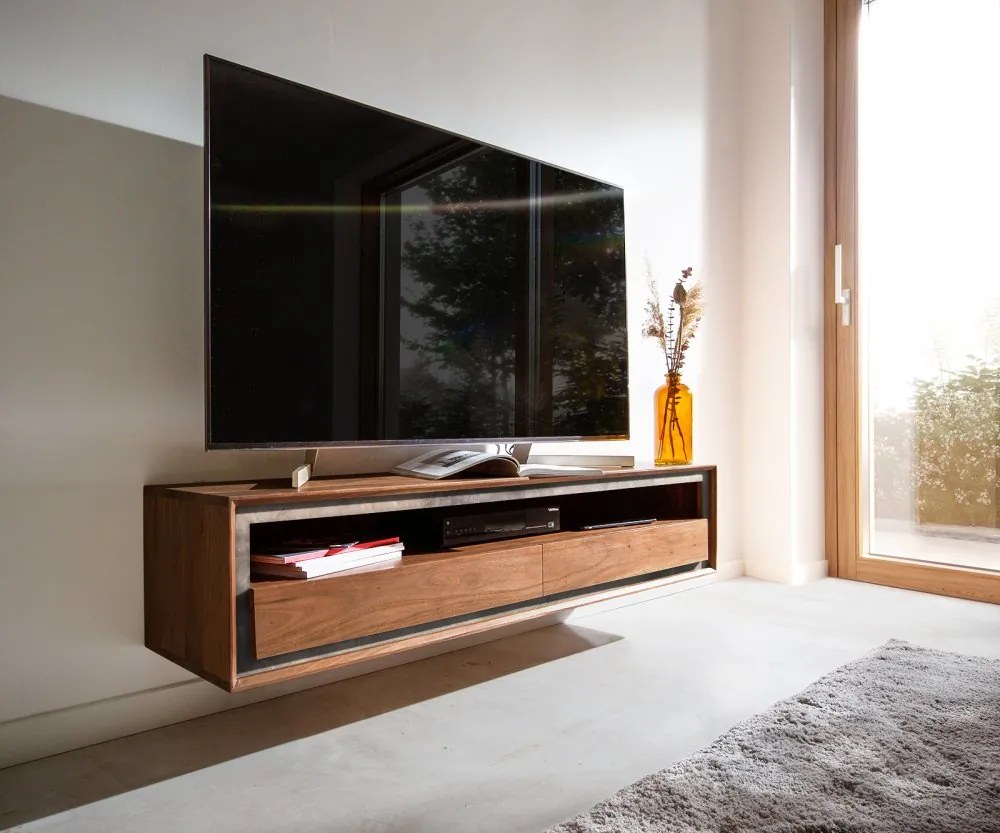TV stolek Stonegrace 145 cm akácie hnědá kamenina 2 zásuvky 1
