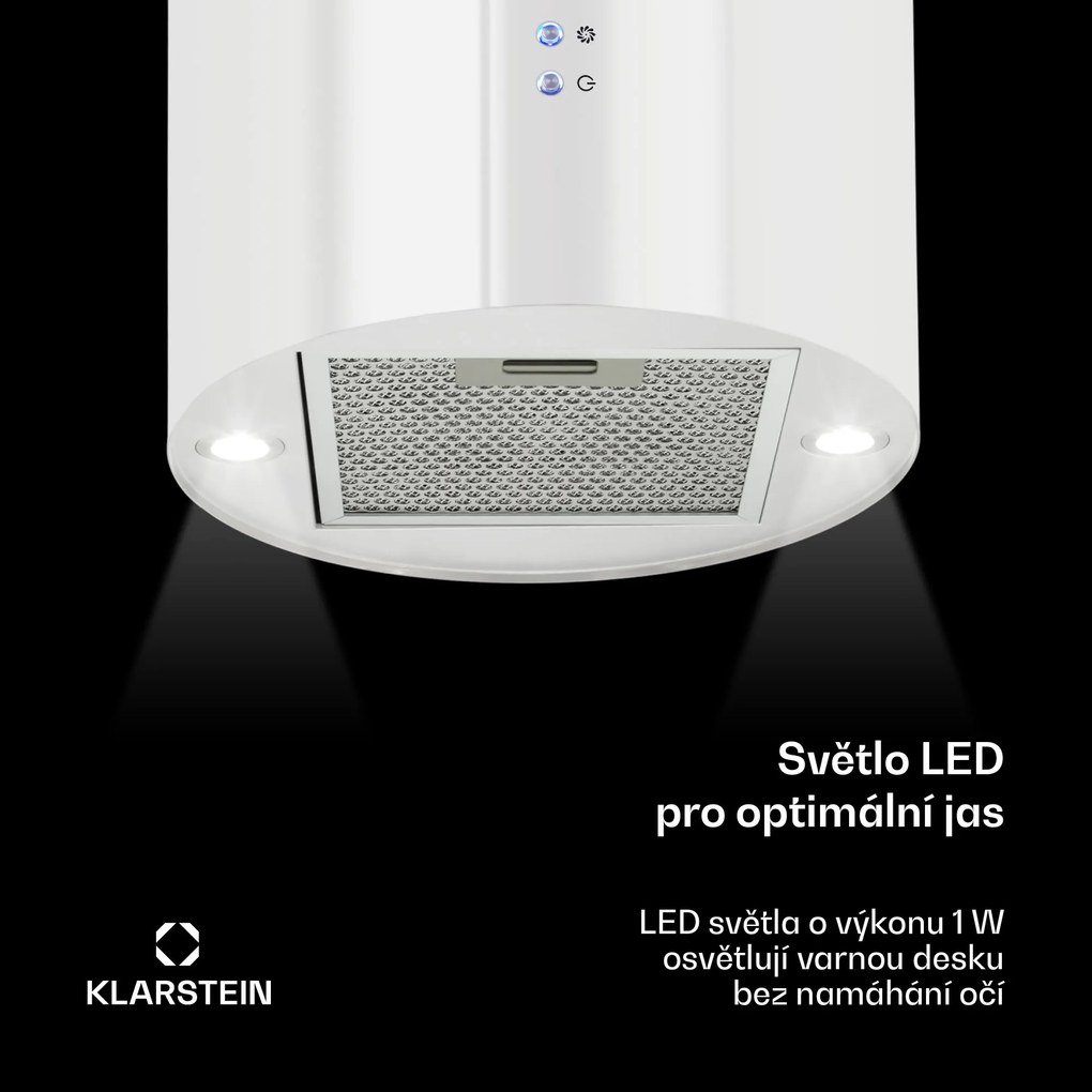 Klarstein Barett, digestoř, 35 cm, ostrůvková, 560 m³/h, LED, filtr s aktivním uhlím, bílá