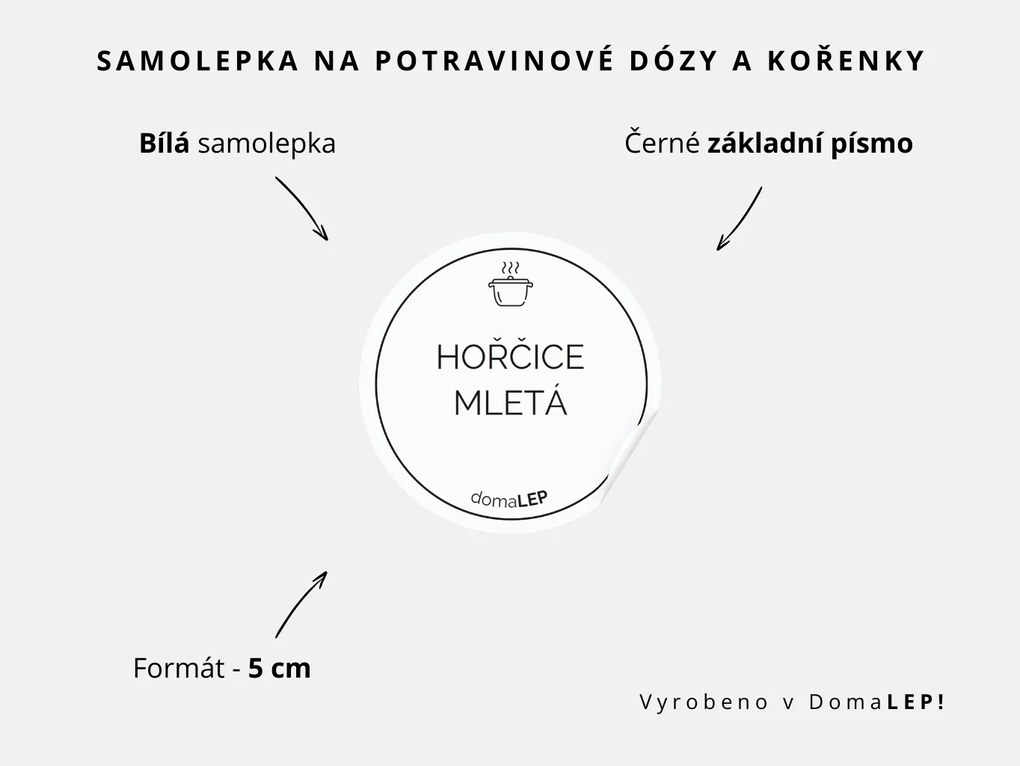 HOŘČICE MLETÁ - omyvatelná samolepka na kořenky, výběr rozměrů Ø 5 cm / 5 x 5 cm / 6 x 8 cm | DomaLEP tvar: KOLEČKO, barva: BÍLÁ - ČERNÉ písmo, velikost: Ø 5 cm - základní písmo