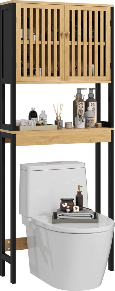HOMCOM Kleankin Regál nad WC s koupelnovou skříňkou a 2 dveřmi, otevřeným policí 60D x 21,5Š x 172V cm, bambus - Přírodní dřevo a černá