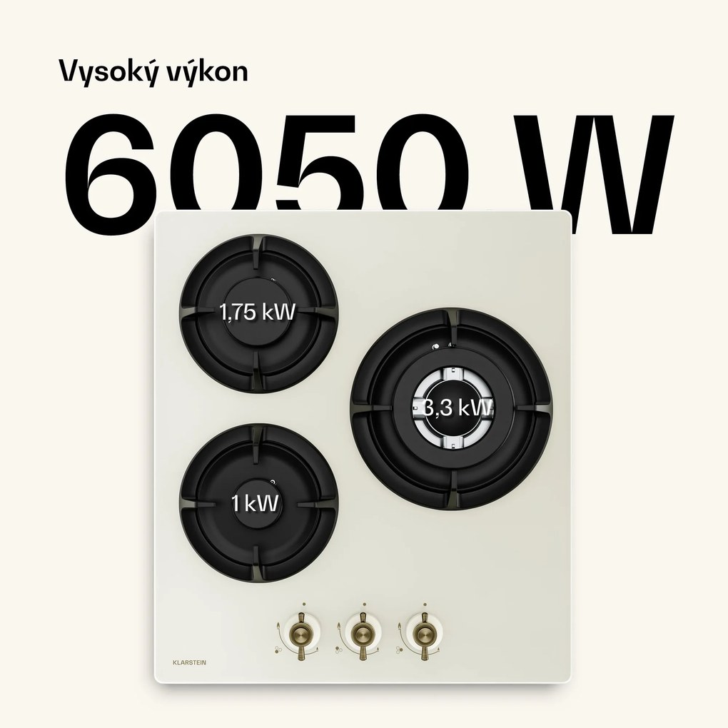 Klarstein Victoria plynová varná deska | 3 hliníkové hořáky | kompatibilní s zemním plynem a LPG | 6050 W | 45 cm