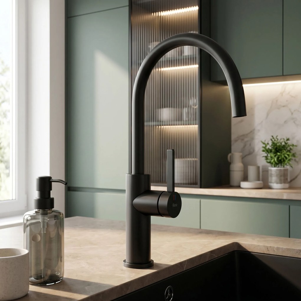 Rea Rivo, vysoká kuchyňská baterie h-365, černá matná, REA-B9341