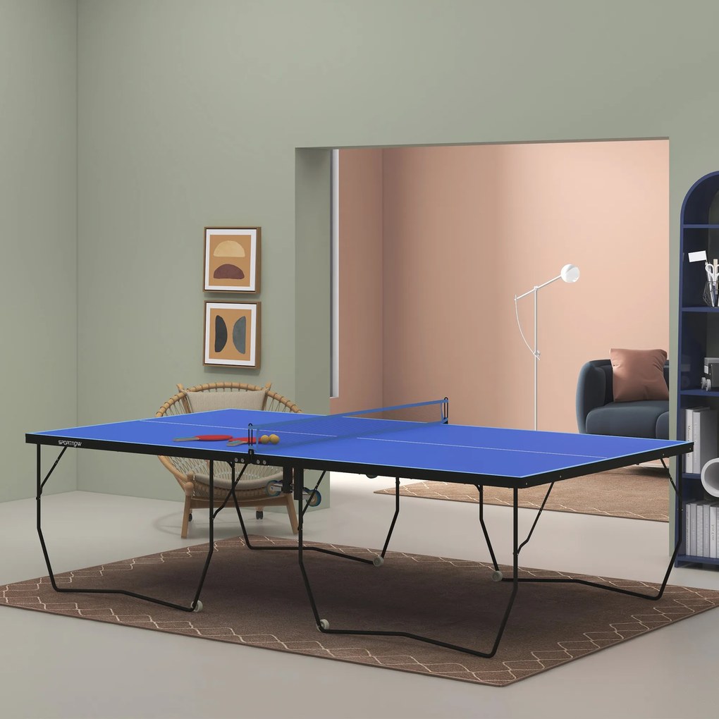SPORTNOW stůl na stolní tenis venkovní skládací se síťkou válečky 2 pálky 3 míčky ocel modrá 274x1525x76cm pro zahradu a volný čas